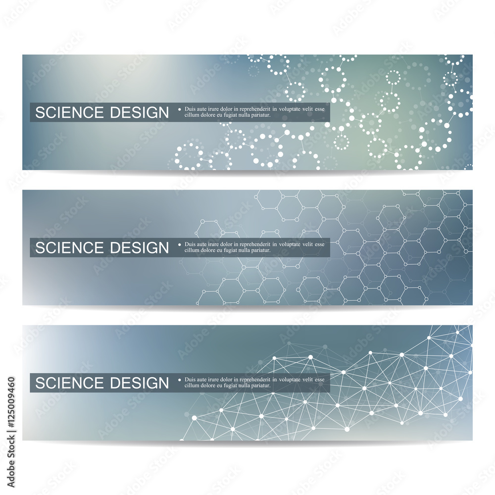 Set of modern scientific banners. Molecule structure DNA and neurons ...