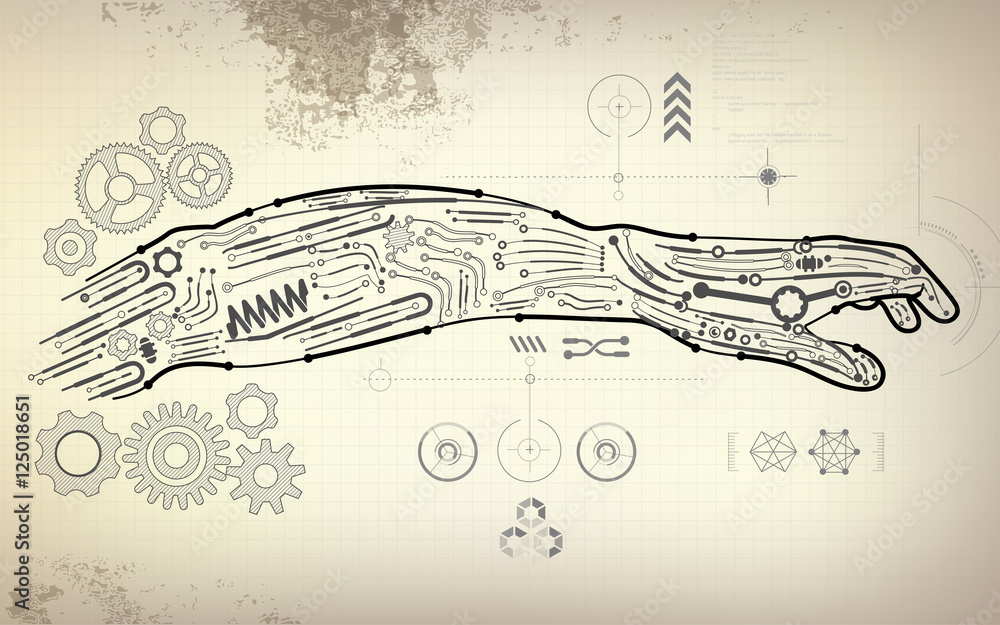 drawing blueprint of robot hand; scientific interface; futuristic ...