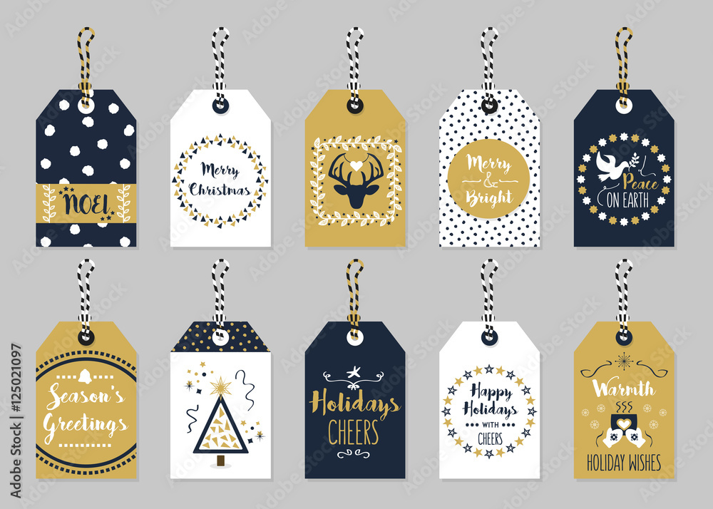 Golden and dark navy blue Christmas and Holiday gift tags set on trendy ...