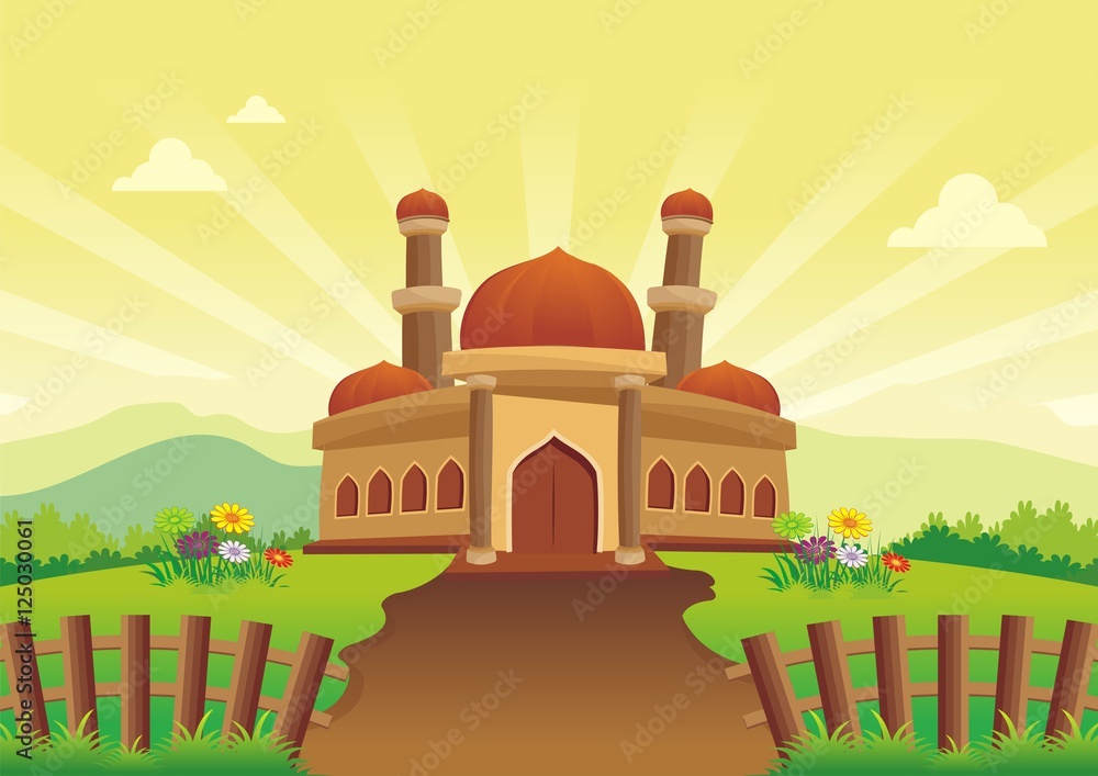 Islamic cartoons, with mosque and beautiful natural scenery Stock ...