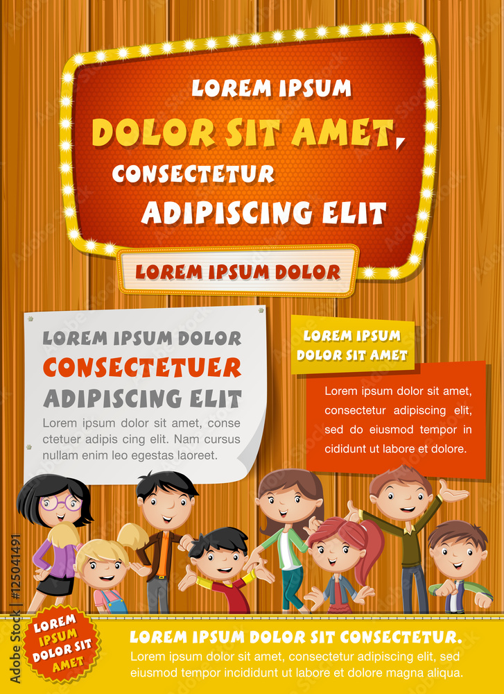 Poster template design with happy cartoon family. Wood wall. Stock ...