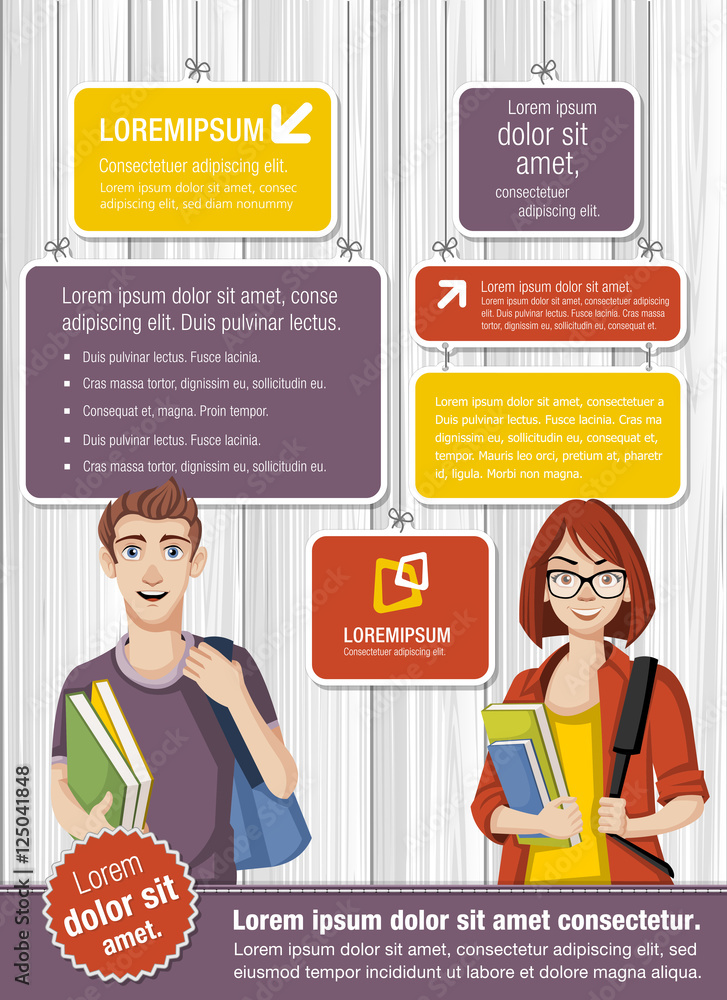 Poster template design with happy cartoon students. Wood wall. Stock ...