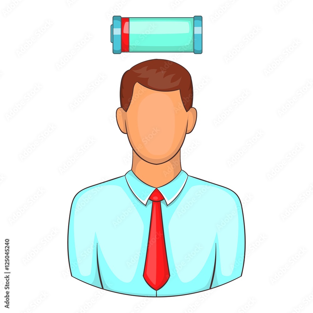 Man with low power battery over his head icon. Cartoon illustration of ...