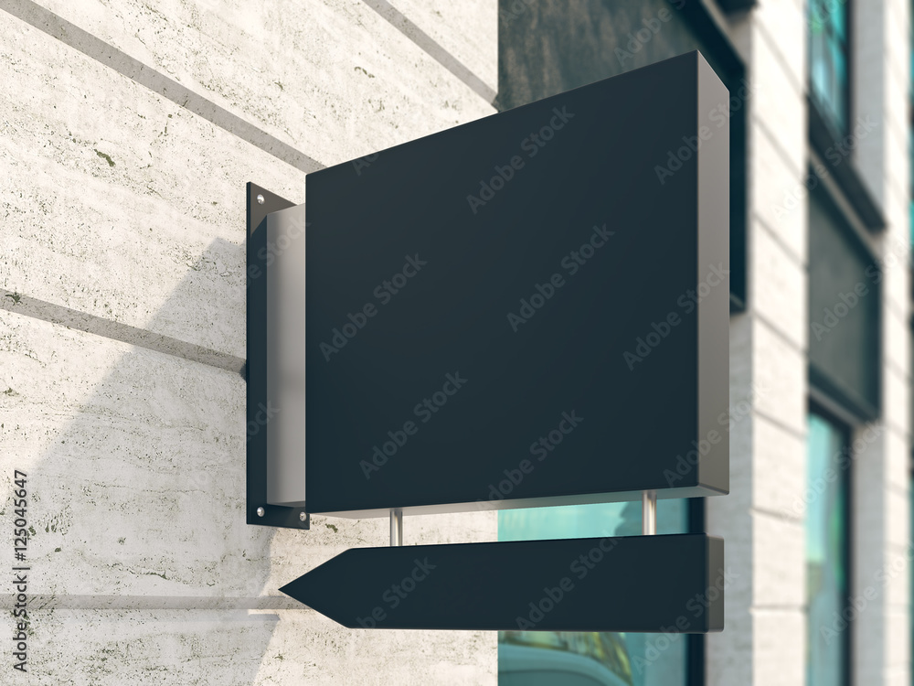 Hanging wall sign mockup, square billboard with arrow, stock image ...