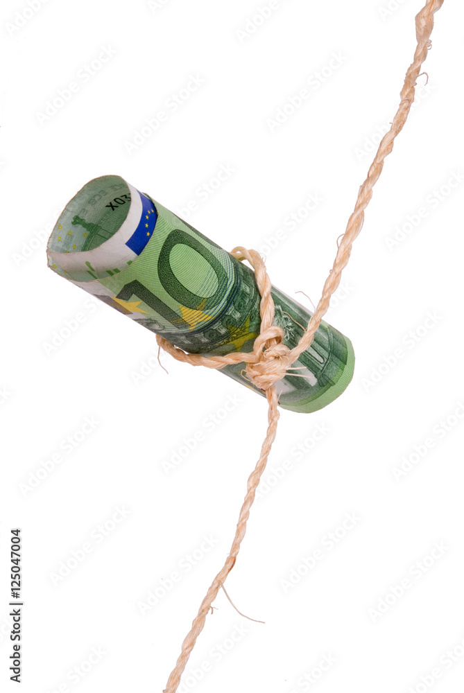 Shoestring budget euro. string or twine tied in a bow isolated on white ...