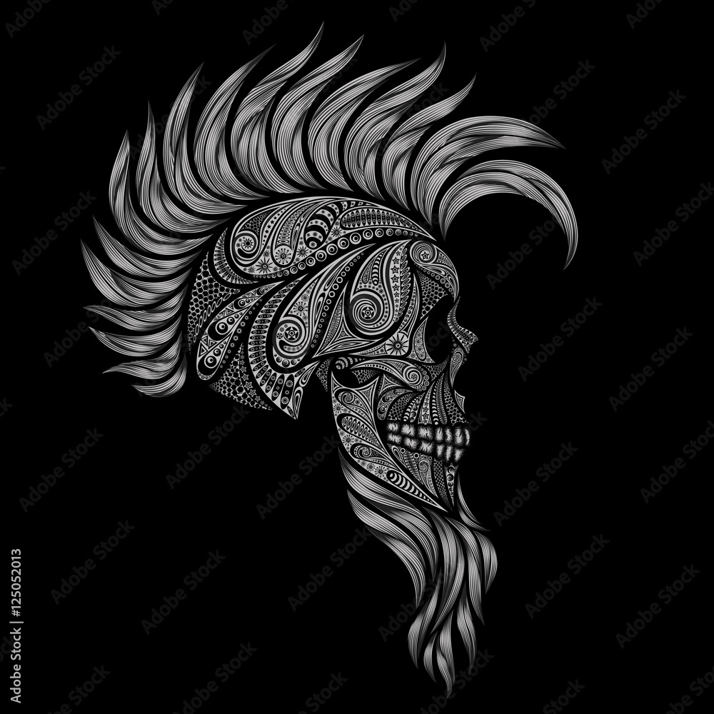 Human skull on a black background. Punk with a Mohawk and a beard of a ...