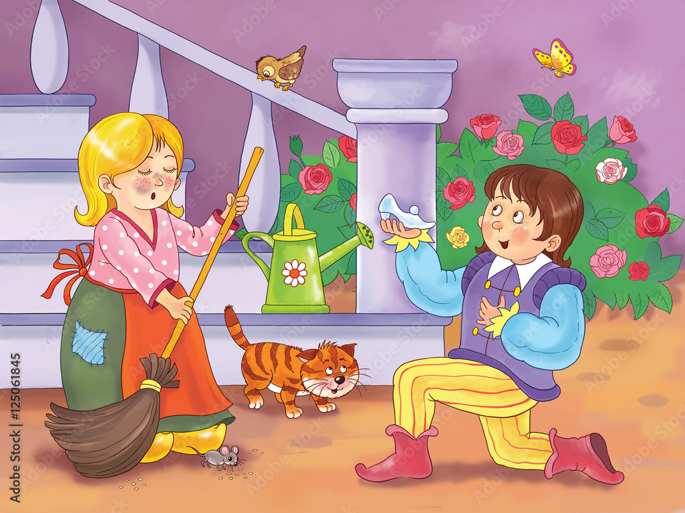 Cinderella. Fairy tale. A cute girl is sweeping the floor with a broom ...