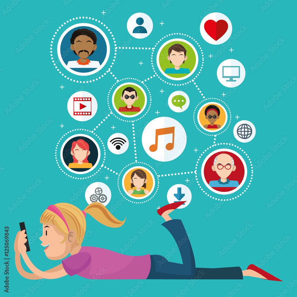 Girl cartoon with smartphone and icon set. Mobile people theme ...