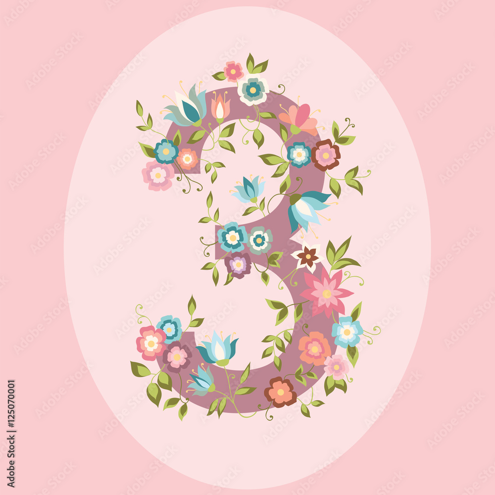 Vector floral number with beautiful flowers. Number "3" for your design ...