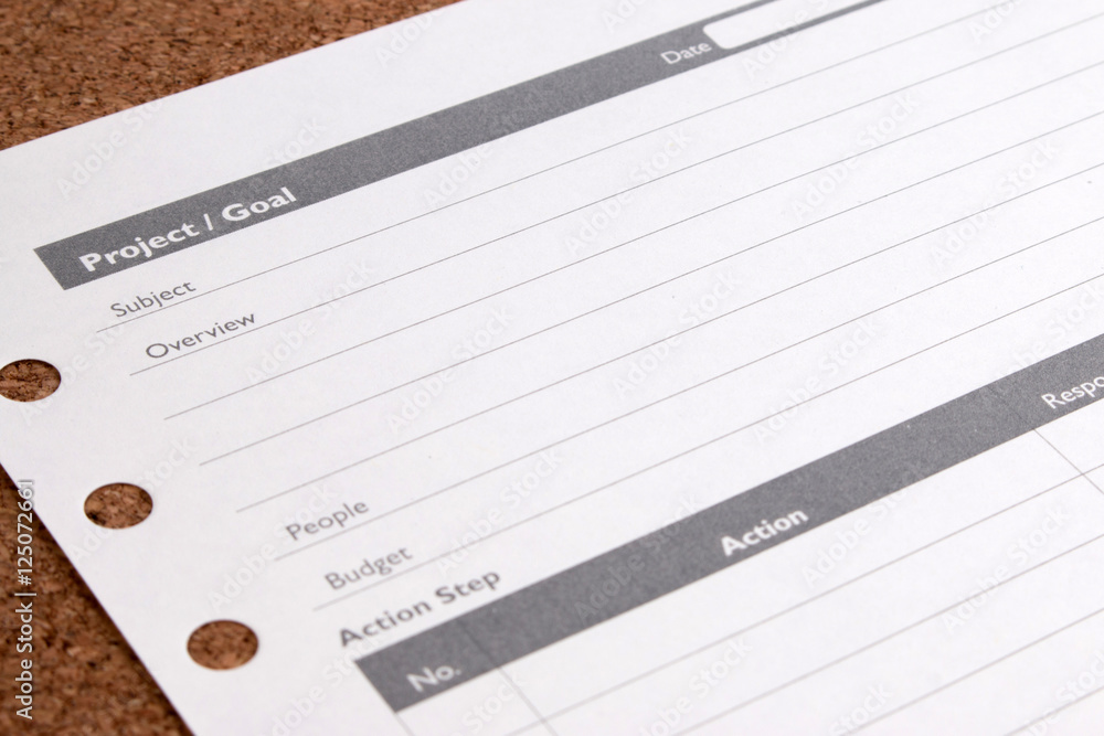 Close up blank form project / goals. Blank form of project planning and ...