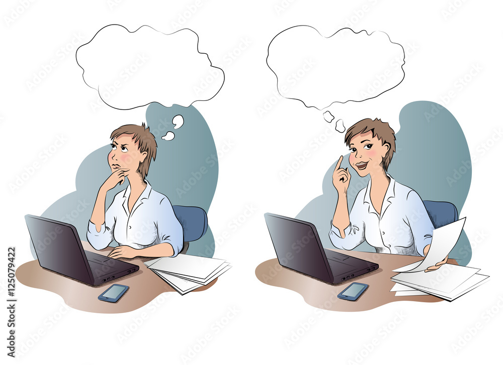 Thinking woman and woman with idea on the office. Set of cartoon ...