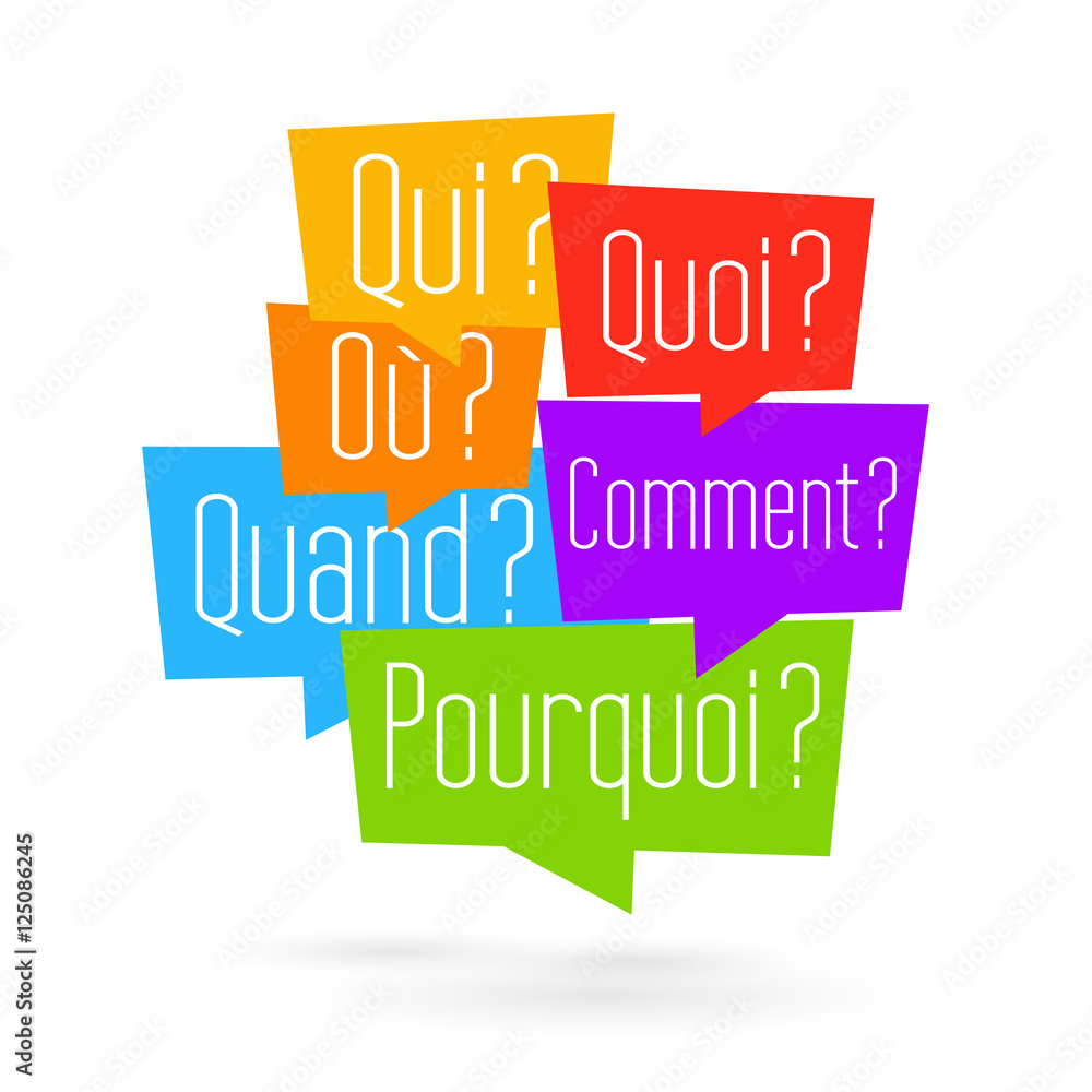 Bulles "quoi, qui, où, quand, comment, pourquoi ?" Stock Vector | Adobe ...
