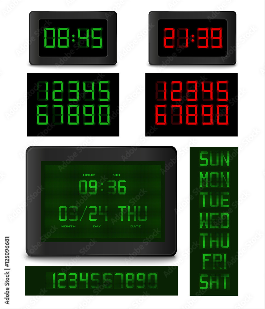 Electronic clock. Different types of digital clock with full set of ...