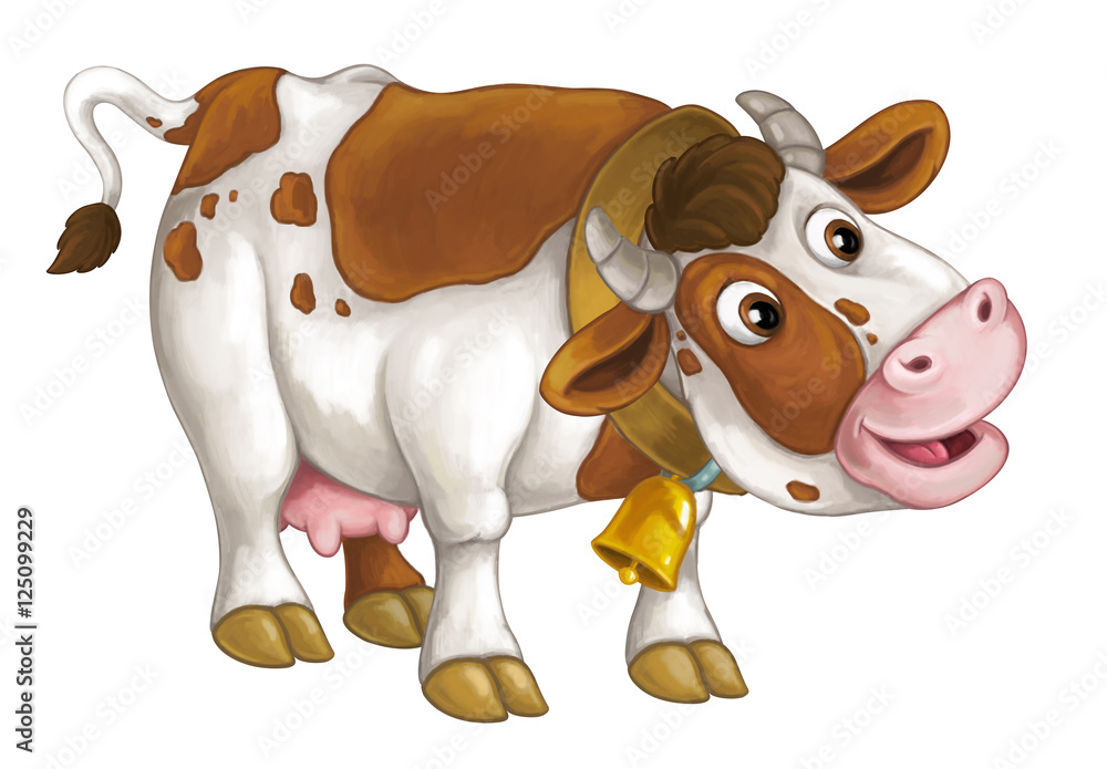 Cartoon happy cow is standing and looking down - artistic style ...