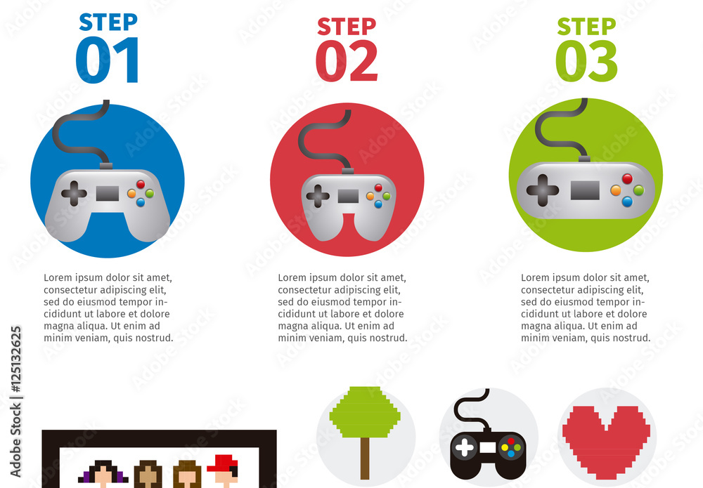 Video Game Data Infographic with Pixelated Pictogram Icons 2 Stock ...