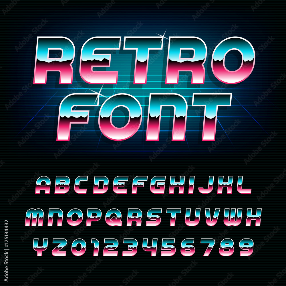 80's retro alphabet font. Metallic effect shiny oblique letters and ...
