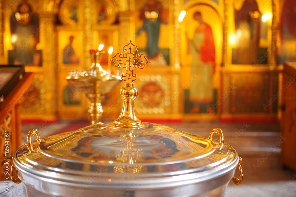 The font for the baptism of children in the Orthodox Church. Symbolic ...