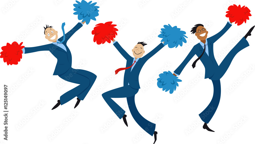 Cartoon businessmen doing cheer-leading routine as a metaphor for team ...