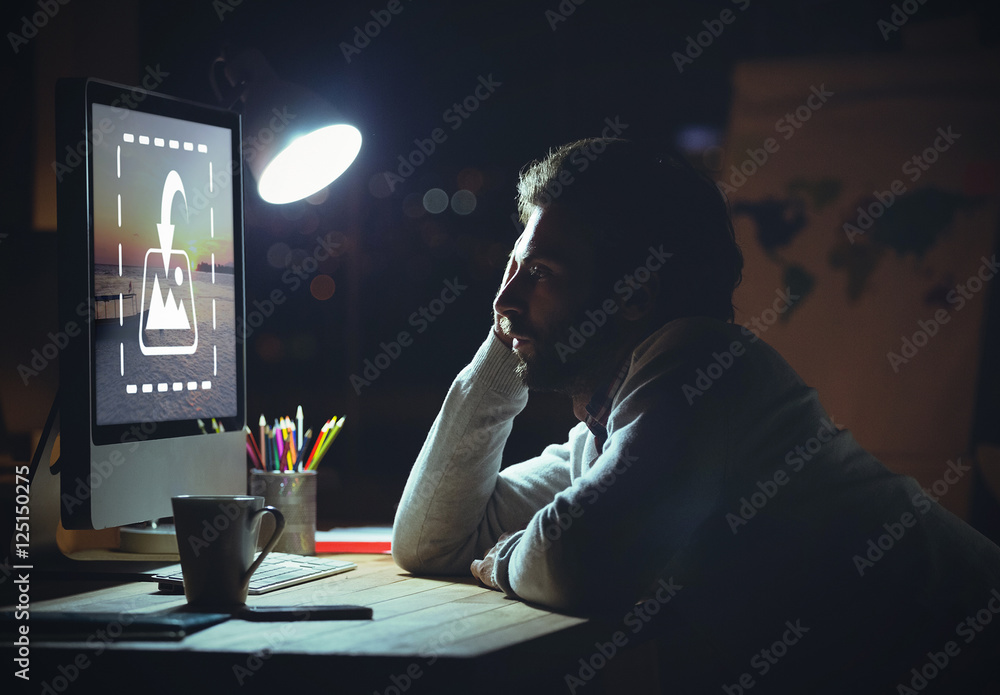 Man Using Desktop Computer at Night Mockup Stock Template | Adobe Stock