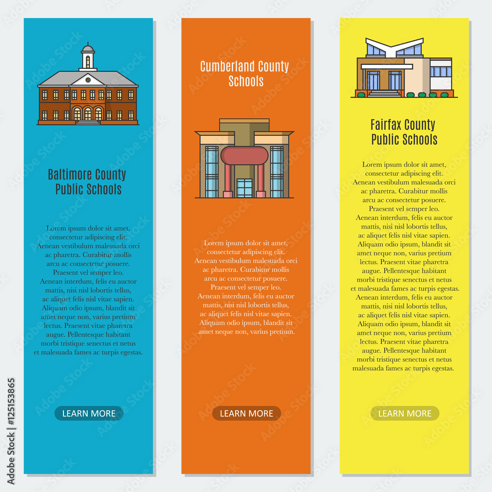 Vector school buildings set in linear style. Line icons collection with ...