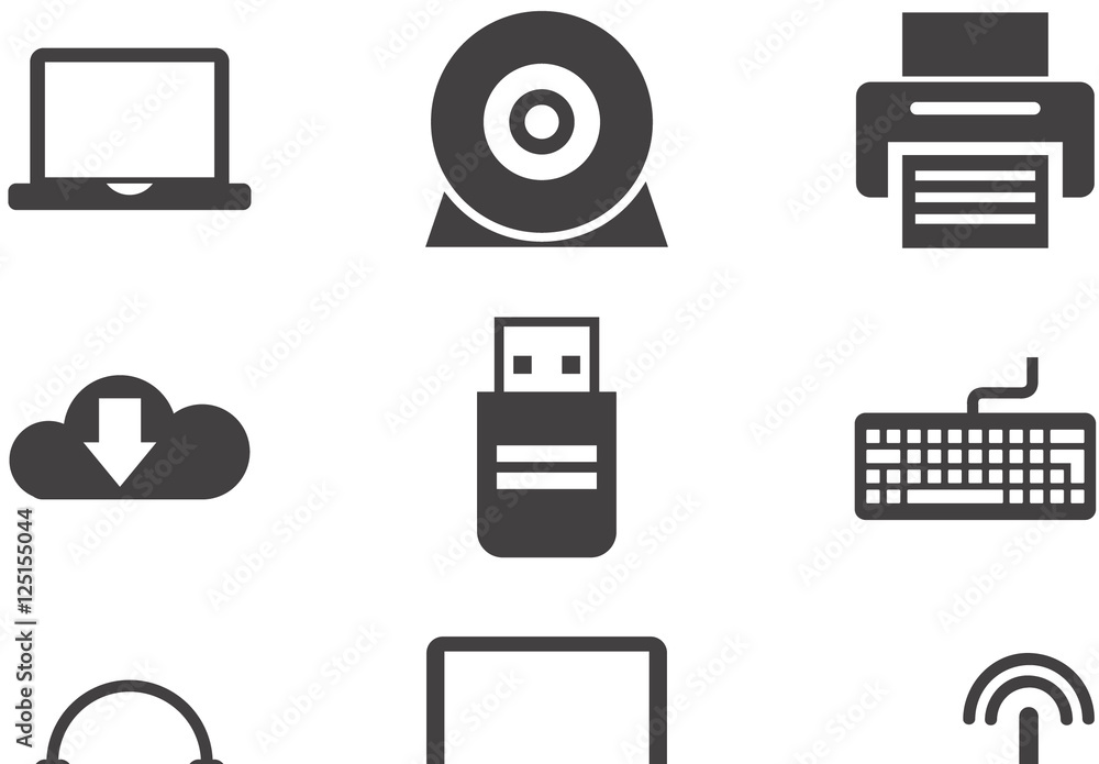 12 Grayscale Web, Media, and Tech Gadget Icons Stock Template | Adobe Stock