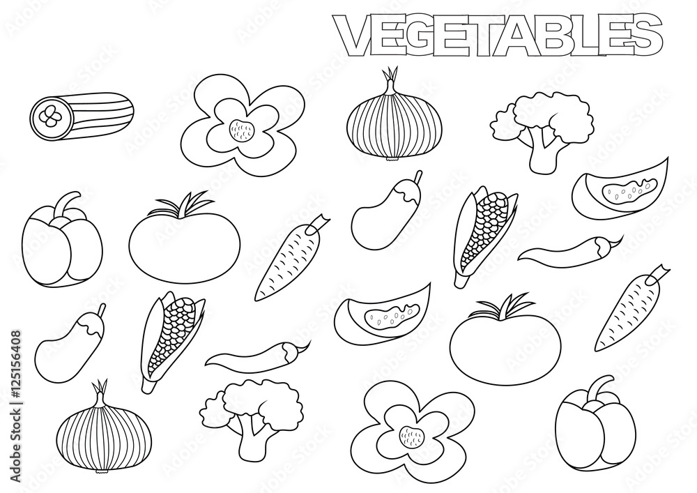 Hand drawn vegetables set. Coloring book page template. Outline doodle ...