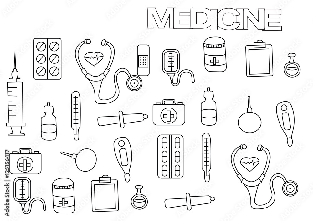 Hand drawn medicine set. Coloring book page template. Outline doodle ...