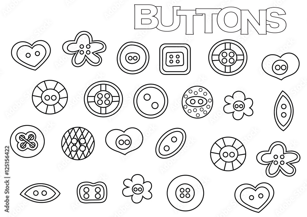 Hand drawn sewing buttons set. Coloring book page template. Outline ...