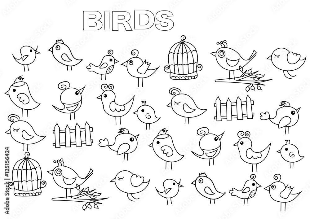 Hand drawn birds set. Coloring book page template. Outline doodle ...