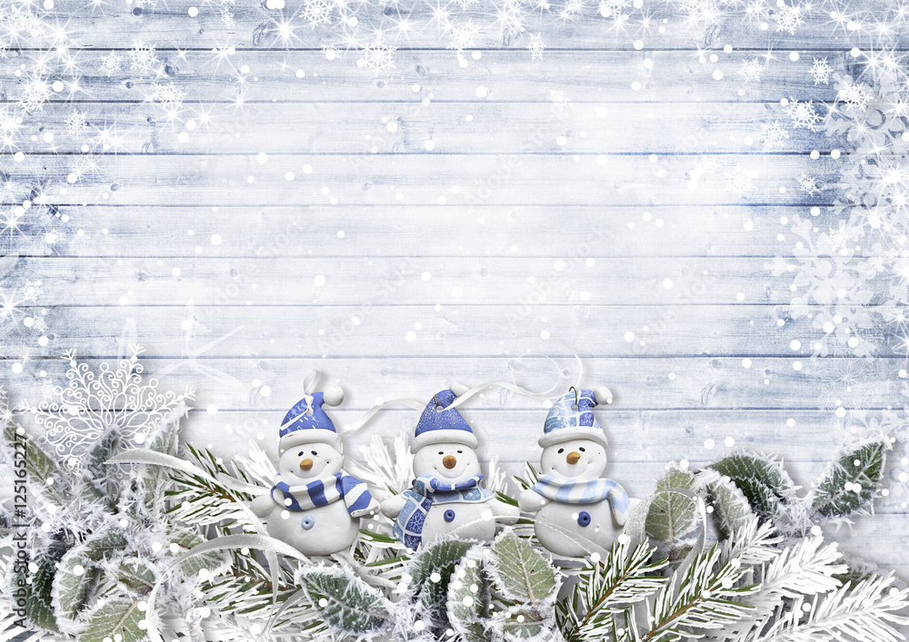 Christmas border with snowmans and snow branches on vintage wood Stock ...