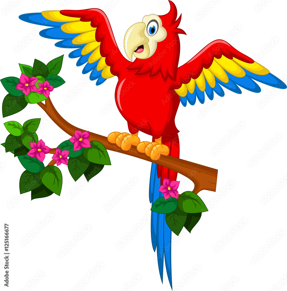 Cartoon red parrot on a branch for you design Stock Photo | Adobe Stock