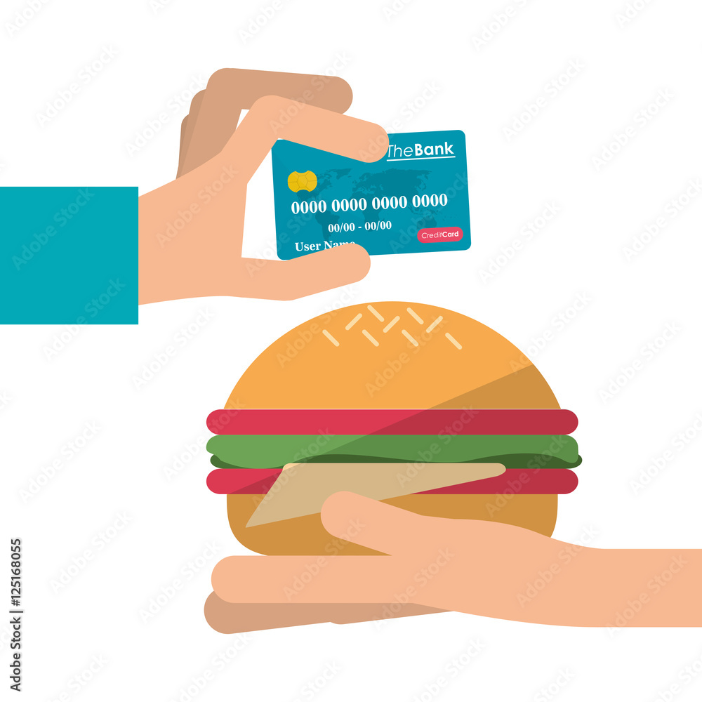Hamburger and credit card icon. Fast food menu restaurant and market ...