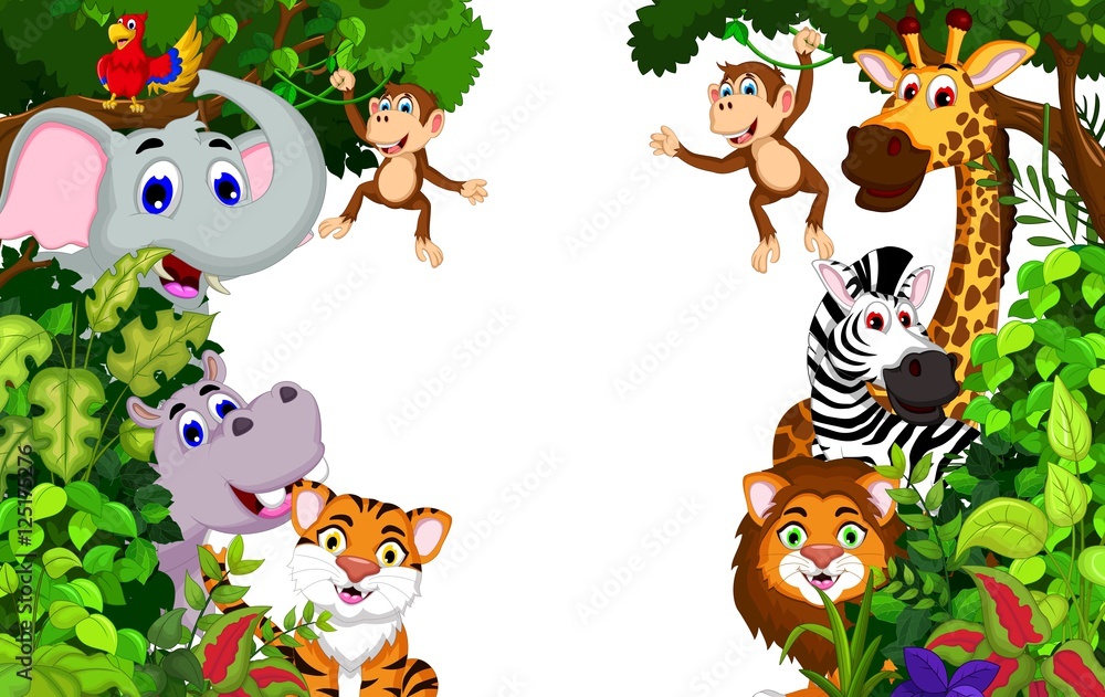 funny animal cartoon with forest background Stock Illustration | Adobe ...