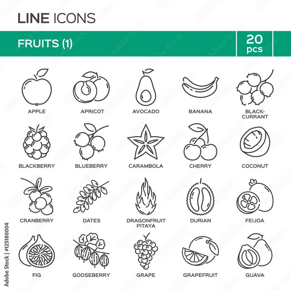 Set of fruit thin line icons in alphabetical order. Fruit symbols ...