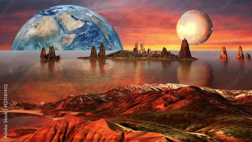 Alien Planet With Earth Moon And Mountains. Timelapse. 3D animated ...