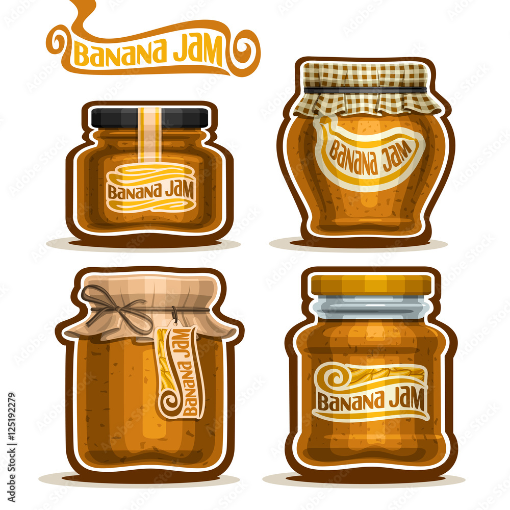 Vector logo Banana Jam in glass Jars with paper cover lid, rustic Pot ...