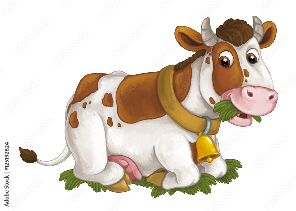 Cartoon happy cow is lying down resting looking and eating grass ...