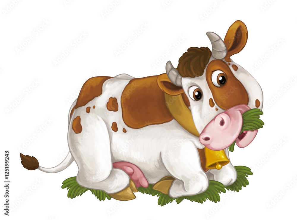 Cartoon happy cow is lying down resting looking and eating grass ...