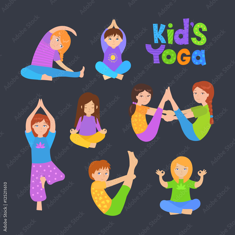 Cute kids doing yoga exercises. Yoga kids set. Gymnastics for children ...