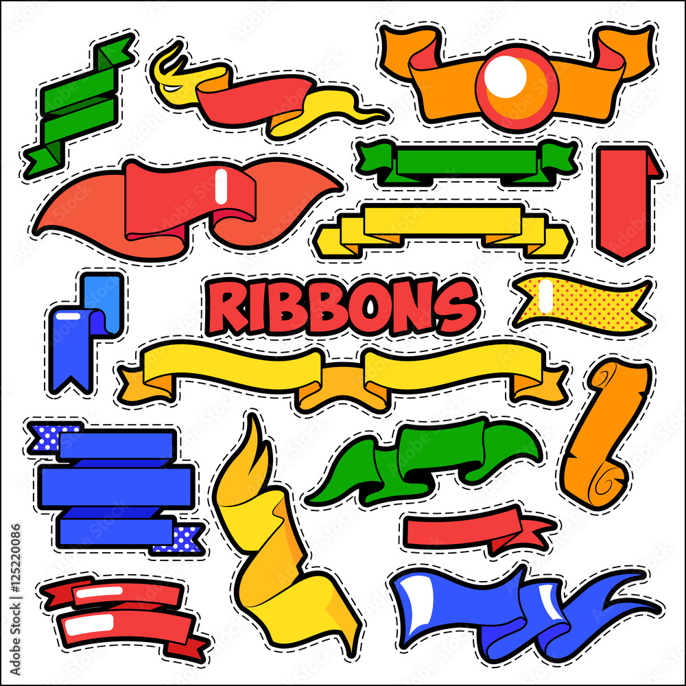 Fashion Badges, Patches, Stickers Ribbons Theme. Different Ribbons in ...