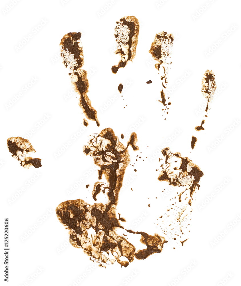 Hand print in mud isolated on white background, with clipping path ...