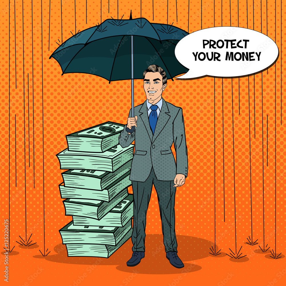 Pop Art Happy Businessman Protecting Money from Rain with Umbrella ...