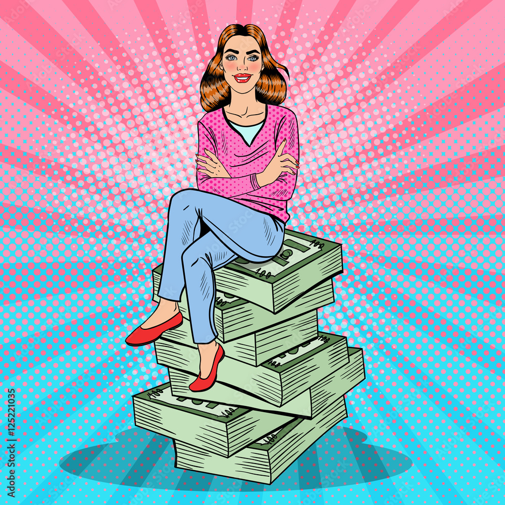 Pop Art Young Rich Woman Sitting on a Stack of Money. Vector ...