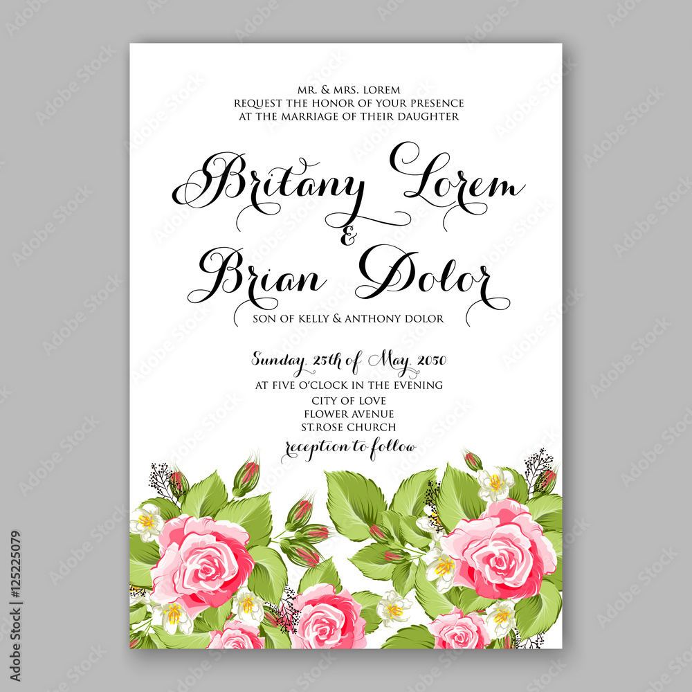 Romantic pink rose bridal bouquet Wedding invitation template design ...