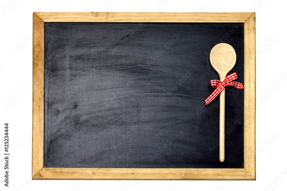 Cooking background. Blackboard menu and wooden spoon Stock Photo ...