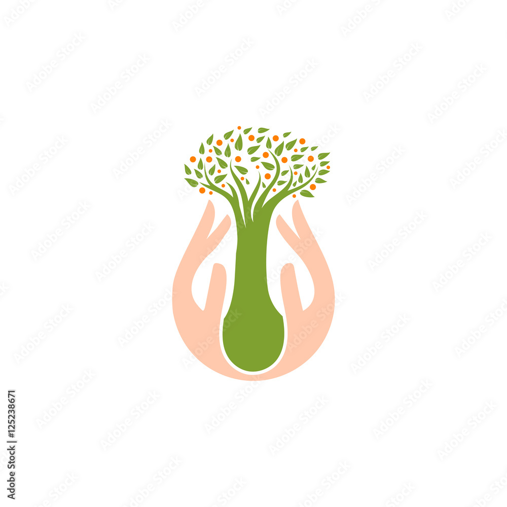 Isolated abstract natural logotype. Green color plant in human hands ...