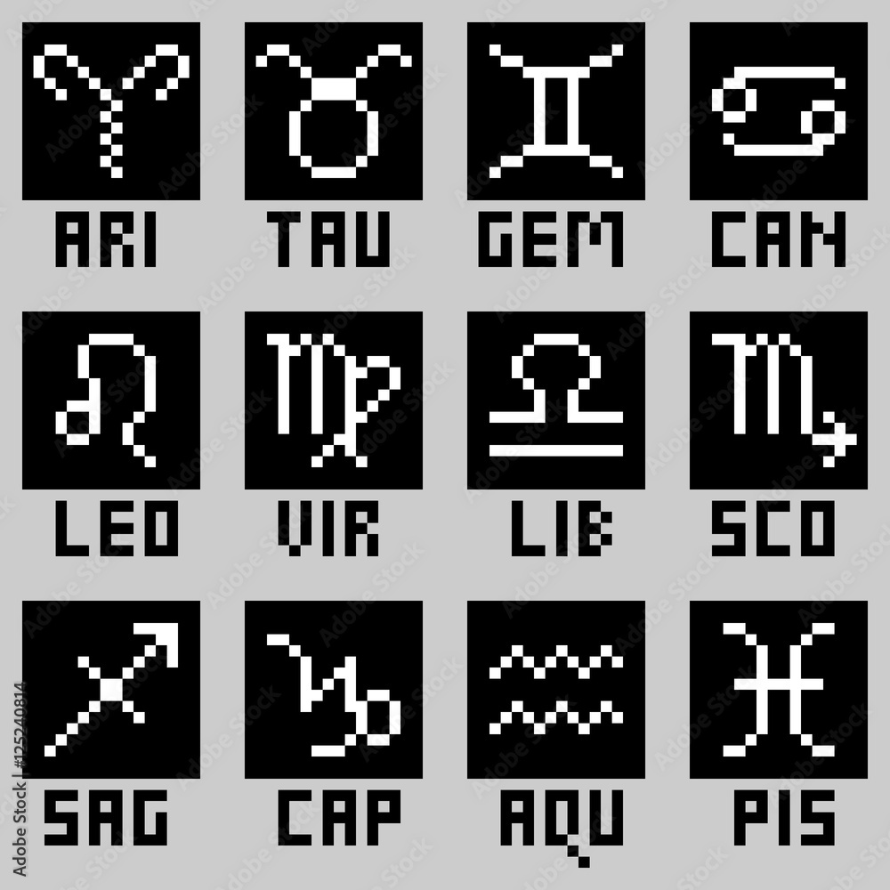 vector pixel art set of zodiac signs in black and white with name Stock ...