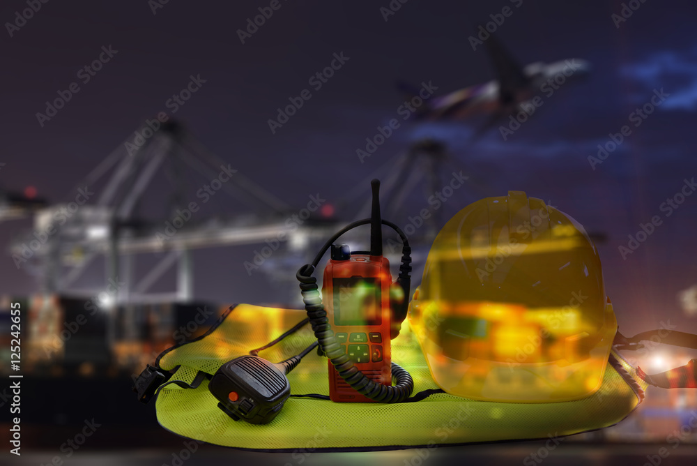 Double exposure of Safety standard set and Container Cargo freight ship ...