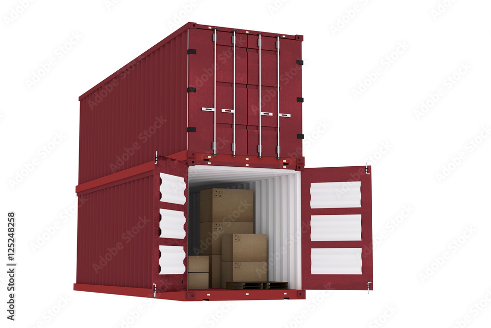 3D rendering : illustration of red container with cardboard boxes ...