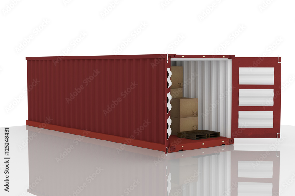 3D rendering : illustration of open red container with cardboard boxes ...